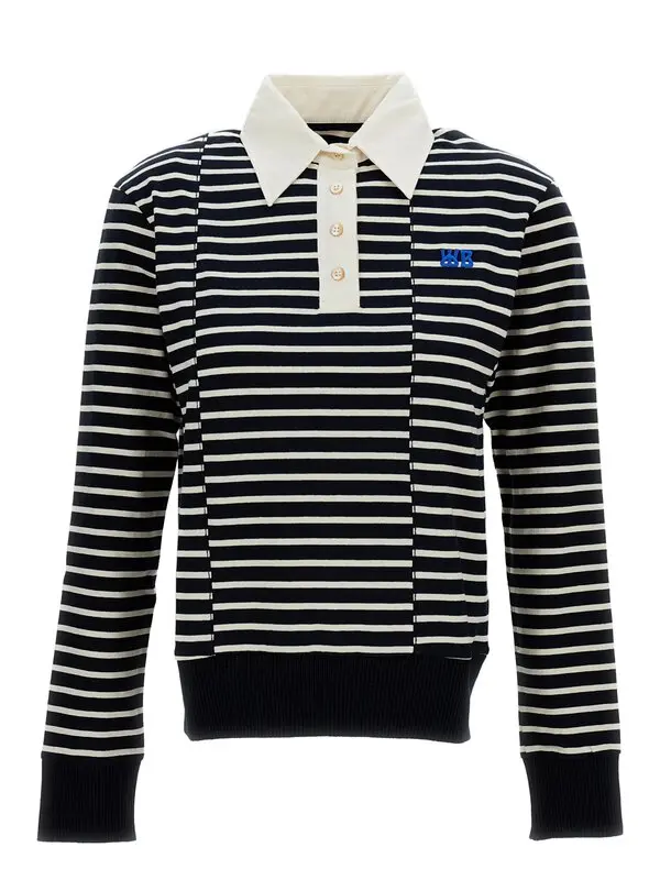WALES BONNER Striped Knit Polo Shirt - Blue