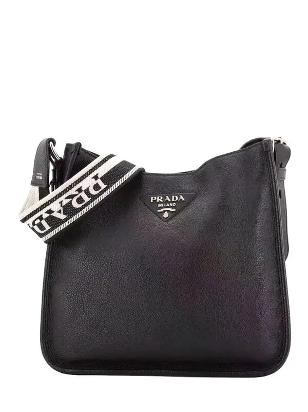 Prada Logo Strap Leather Hobo Bag - Black