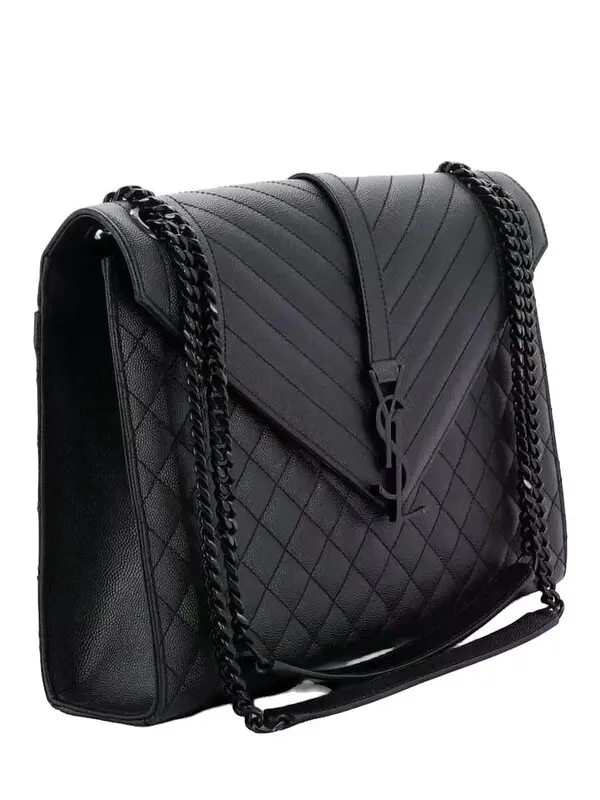 Saint Laurent Classic Monogram Envelope Satchel Mixed Matelasse Leather Large Shoulder Bag - Black
