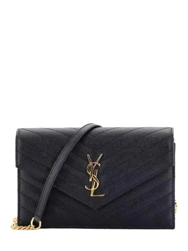 Saint Laurent Classic Monogram Wallet On Chain Matelasse Chevron Leather Crossbody Bag - Black