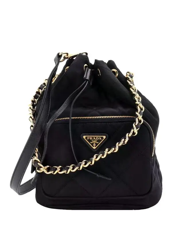 Prada Drawstring Quilted Tessuto Small Bucket Bag - Black