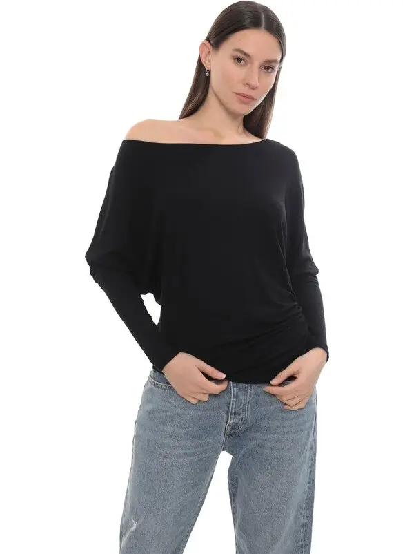 MONLICIA Luna Off-shoulder Draped Long Sleeve Stretch Top - Black