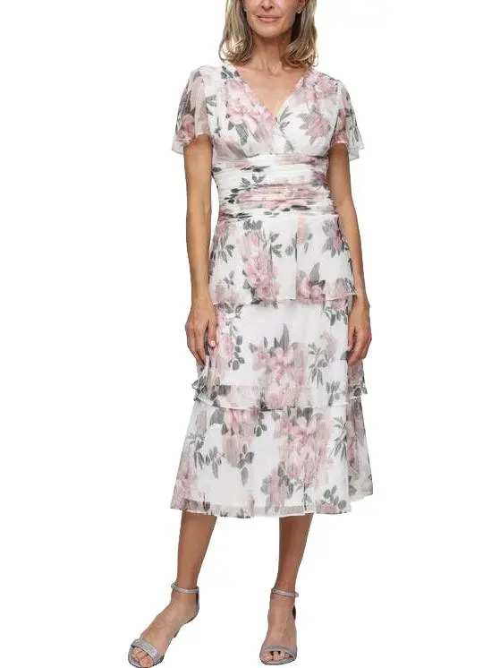 SL FASHIONS Floral Print Tiered Bodre Midi Dress - Ivory Mult