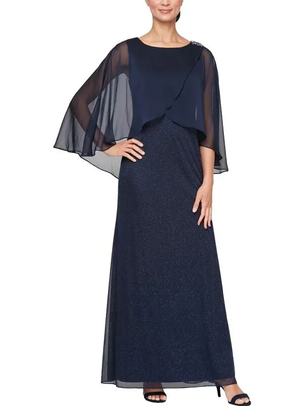 SL FASHIONS Cape Overlay Glitter Mesh Gown - Navy