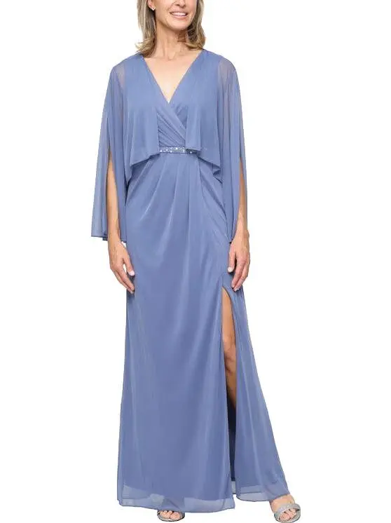 SL FASHIONS Sleeveless Surplice Neck Gown With Jacket - Dusty Blue