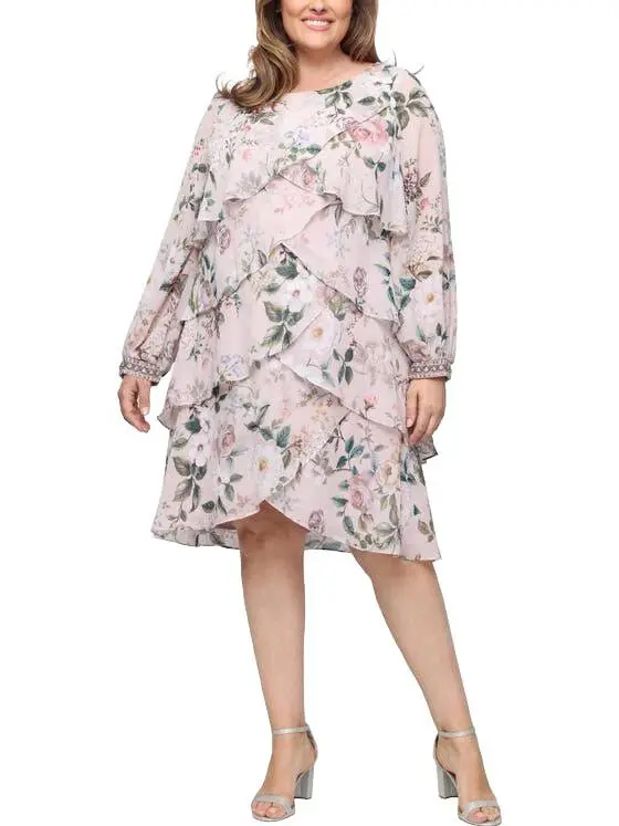 SL FASHIONS Floral Long Sleeve Tiered Cocktail Dress - Blush Multi