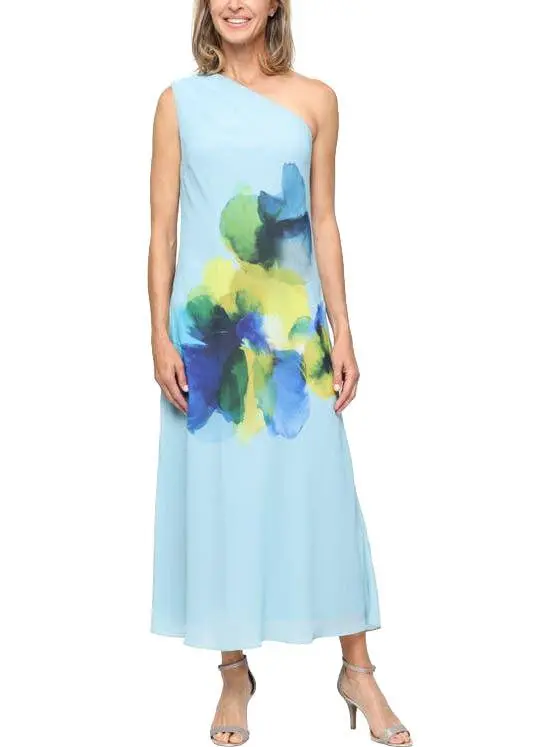 SL FASHIONS Floral One-shoulder Chiffon Cocktail Dress - Blue/multi