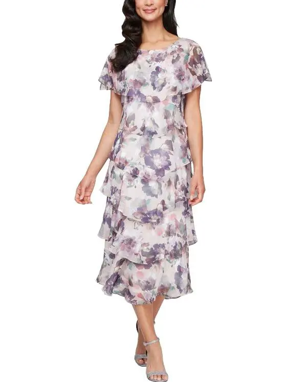 SL FASHIONS Metallic Floral Tiered Ruffle Cocktail Dress - Blush Multi