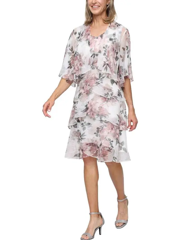 SL FASHIONS Tiered Floral Shimmer Cocktail Dress With Jacket - Blush Multi