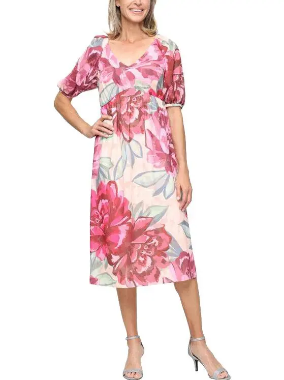 SL FASHIONS Floral Chiffon Cocktail Dress - Pink Multi