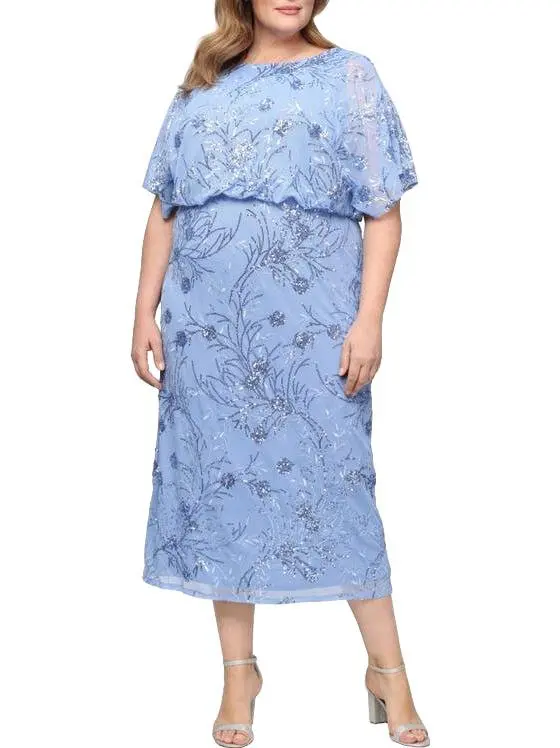 SL FASHIONS Sequin Blouson Midi Dress - Blue
