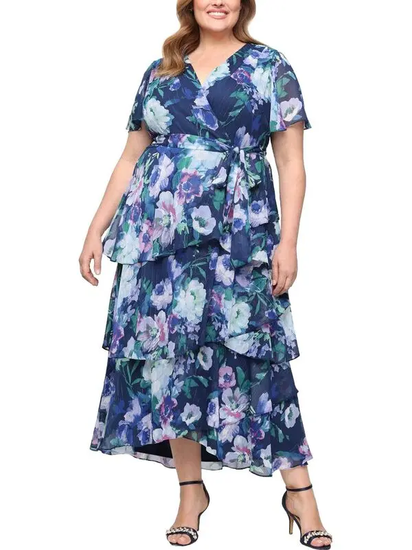 SL FASHIONS Floral Chiffon Dress - Blue/multi
