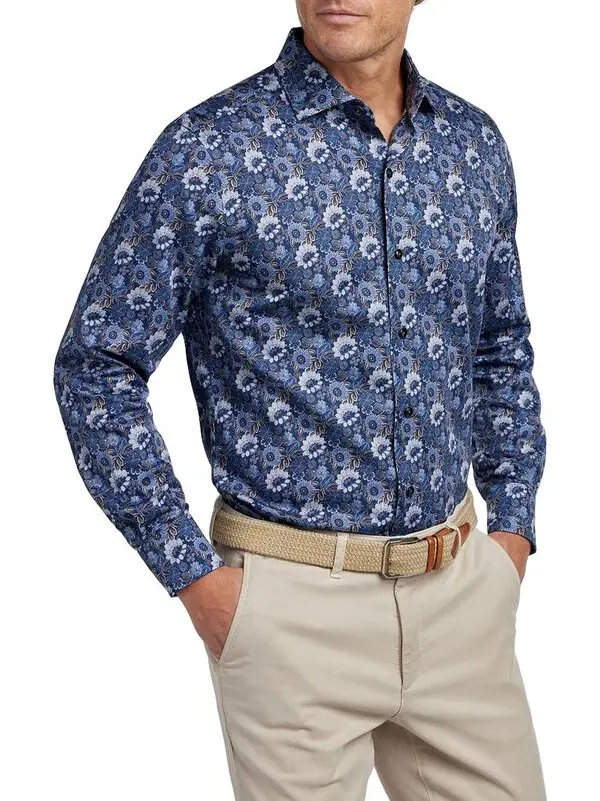 David Donahue Floral Cotton Button-up Shirt - Navy/brown