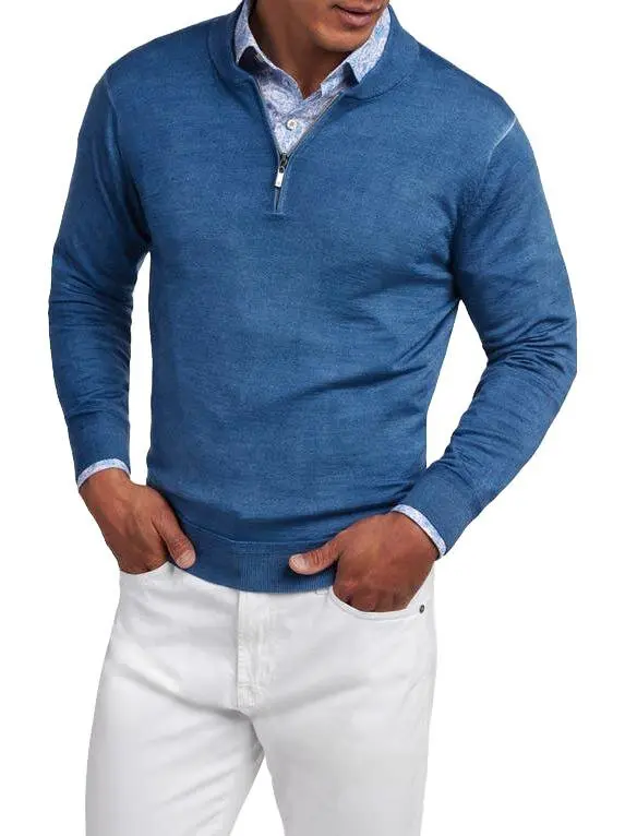 David Donahue Skipper Merino Wool Blend Quarter Zip Sweater - Tidal Blue