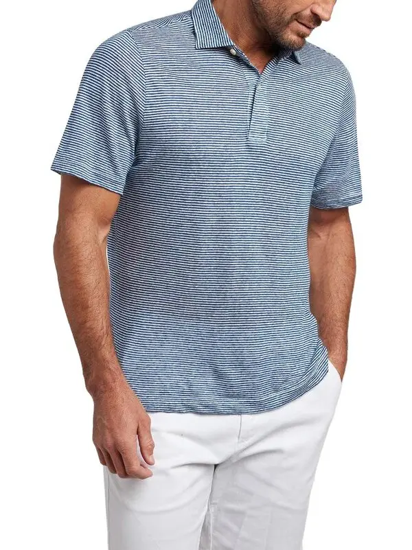 David Donahue Stripe Slub Linen Polo - Estate Blue