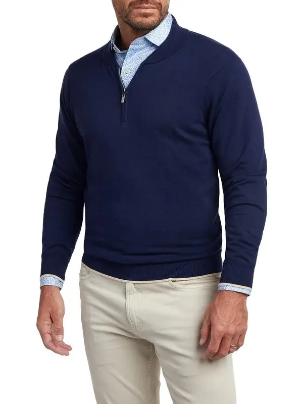 David Donahue Tipped Cotton Blend Quarter Zip Sweater - Navy