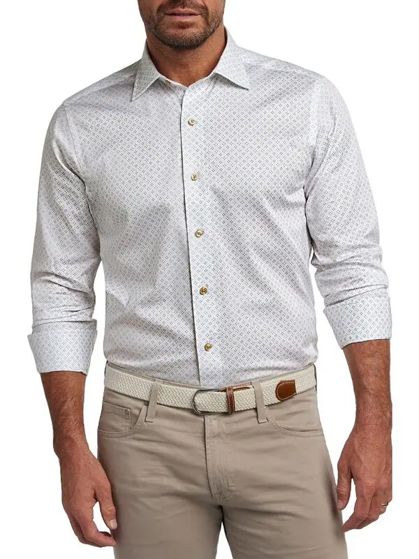 David Donahue Neat Geometric Print Sport Shirt - White/sand
