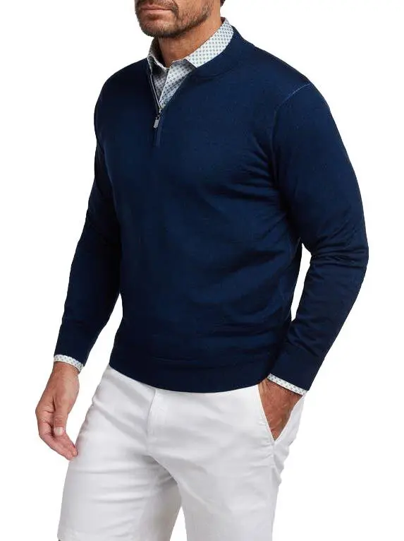 David Donahue Tipped Cotton Blend Quarter Zip Sweater - Estate Blue