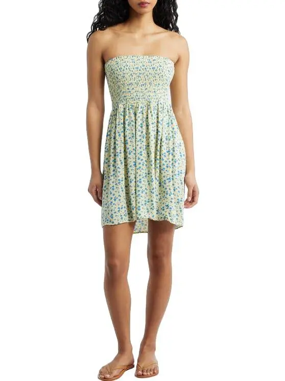 Rip Curl Surf Side Smocked Strapless Minidress - Light Yellow