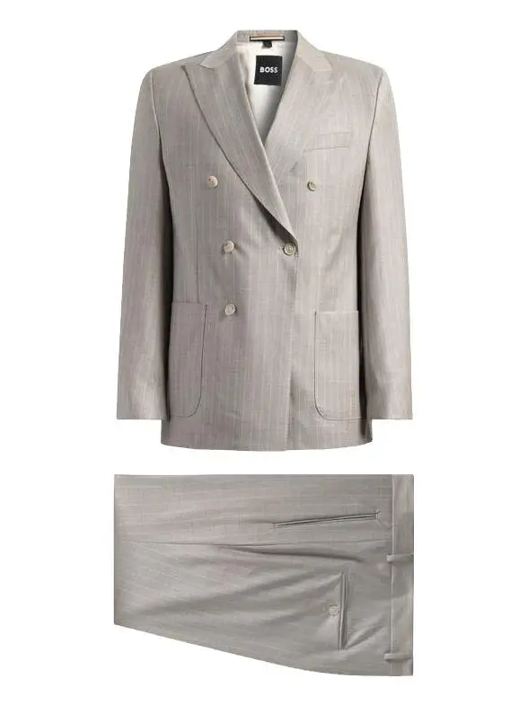 BOSS Huge Slim Fit Grey Pinstripe Double Breasted Virgin Wool Suit - Open White