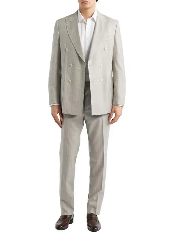 BOSS Huge Slim Fit Grey Pinstripe Double Breasted Virgin Wool Suit - Open White