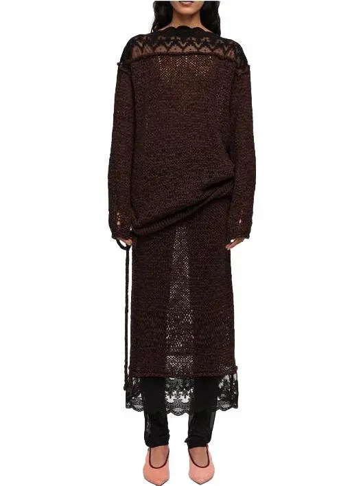 Bimba Y Lola Lace-trim Knit Midi Skirt - Dark Brown