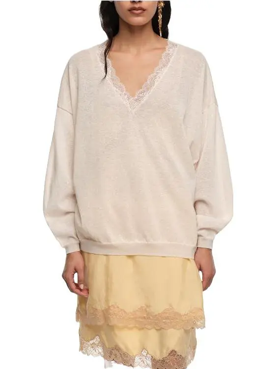 Bimba Y Lola Linen-cotton Blend Lace Trimmed Sweater - Ivory