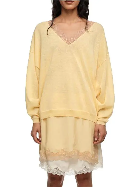 Bimba Y Lola Linen-cotton Blend Lace Trimmed Sweater - Light Yellow