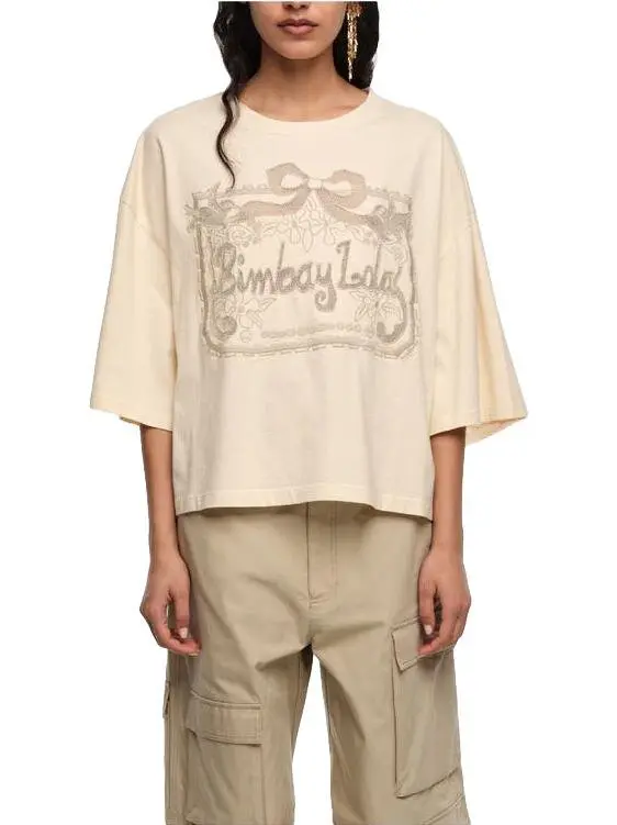Bimba Y Lola Logo Broderie Anglaise T-shirt - Vanilla