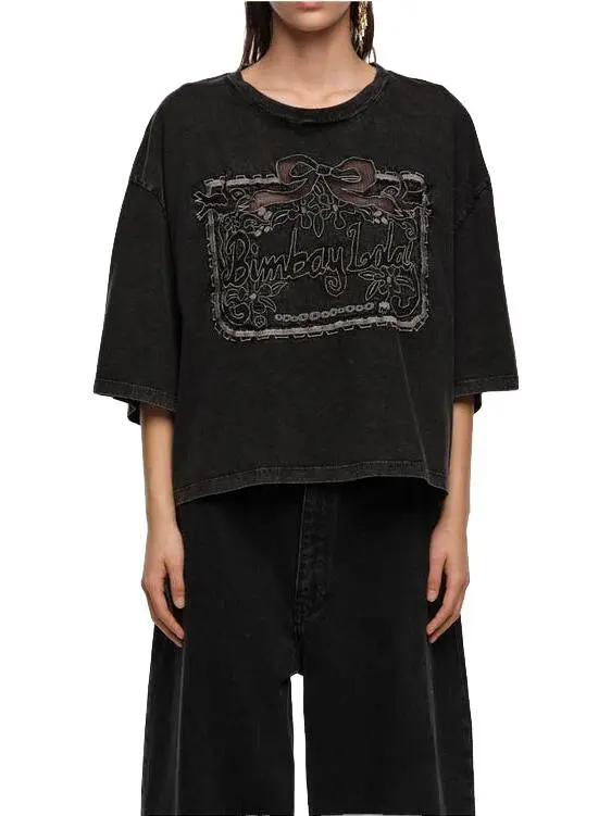Bimba Y Lola Logo Broderie Anglaise T-shirt - Washed Black