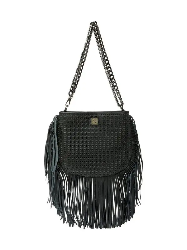 THINK ROYLN Free Spirit Fringe Saddle Bag - Black Perforated Leather