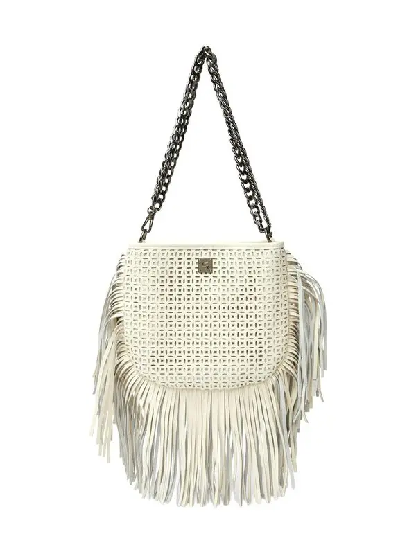 THINK ROYLN Free Spirit Fringe Saddle Bag - Cream Perforated Leather
