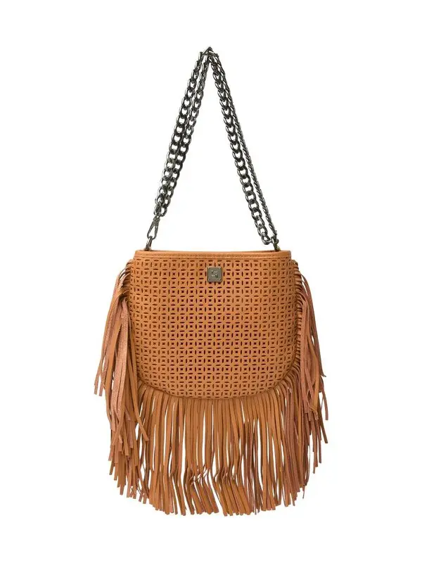 THINK ROYLN Free Spirit Fringe Saddle Bag - Terracotta Perforated Leather