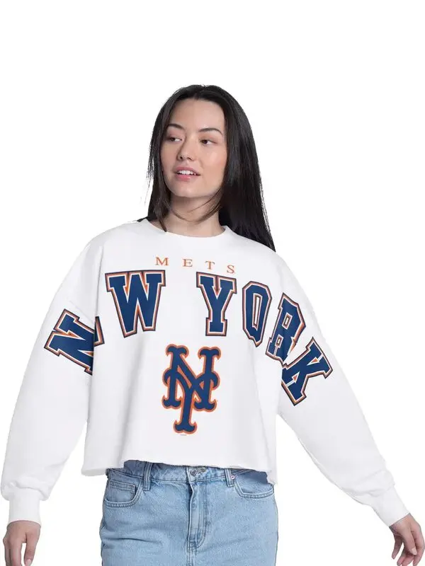 G-III 4HER BY CARL BANKS New York Mets Bleachers Cropped Pullover Sweatshirt - White