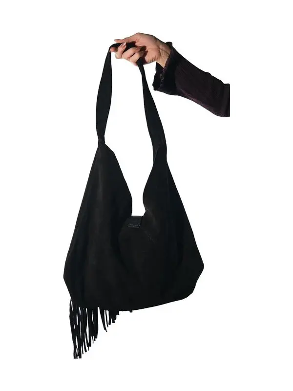 FOREVER & ALWAYS SHOES Leather Tassel Shoulder Bag - Black Suede