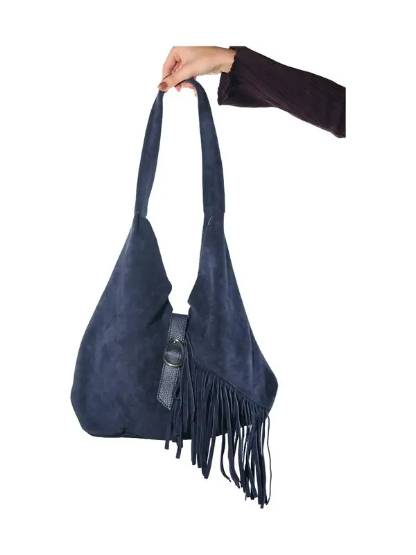 FOREVER & ALWAYS SHOES Leather Tassel Shoulder Bag - Navy Suede
