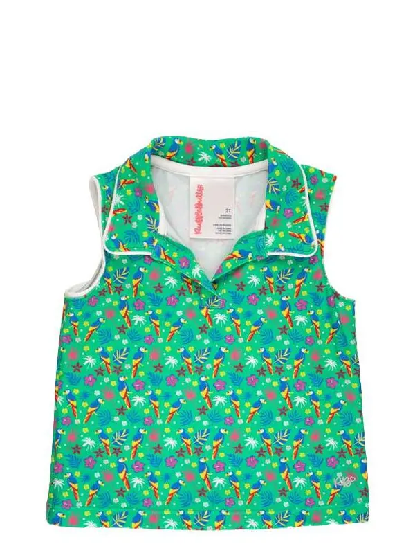 RUFFLEBUTTS Upf 50+ Sleeveless Active Polo Top - Tiny Parrot Palms