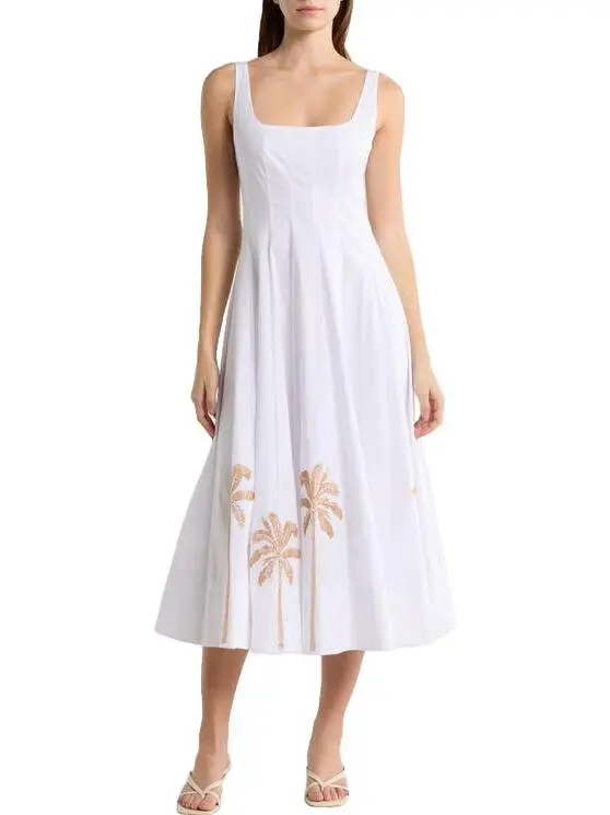 Staud Wells Sleeveless Midi Sundress - White Embroidered
