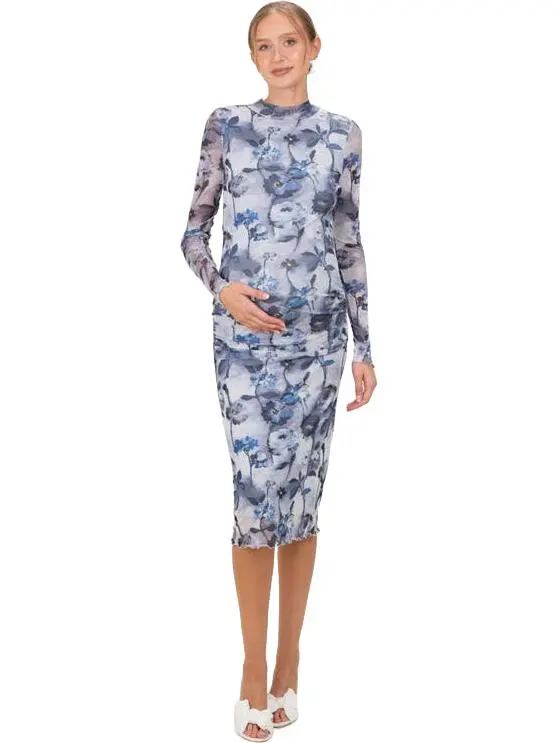 PINKBLUSH Floral Mesh Long Sleeve Midi Dress - Blue