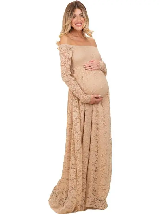 PINKBLUSH Floral Lace Long Sleeve Off Shoulder Maxi Dress - Gold