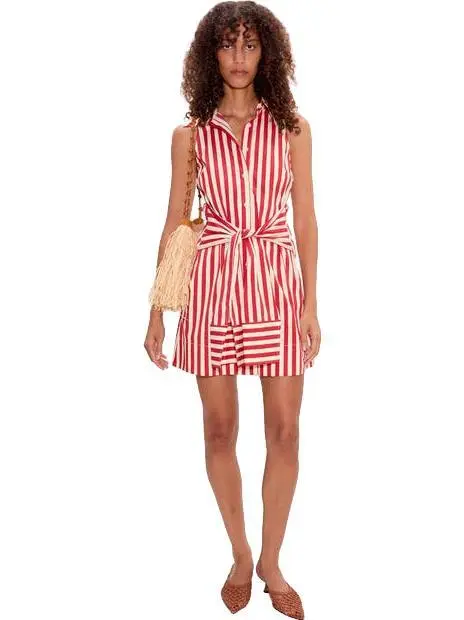 SIMONMILLER Inna Sleeveless Poplin Mini Shirt Dress - Venetian Red Stripe
