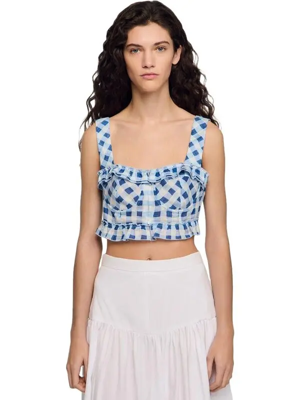 Sandro Gingham Linen Crop Top - Blu/white