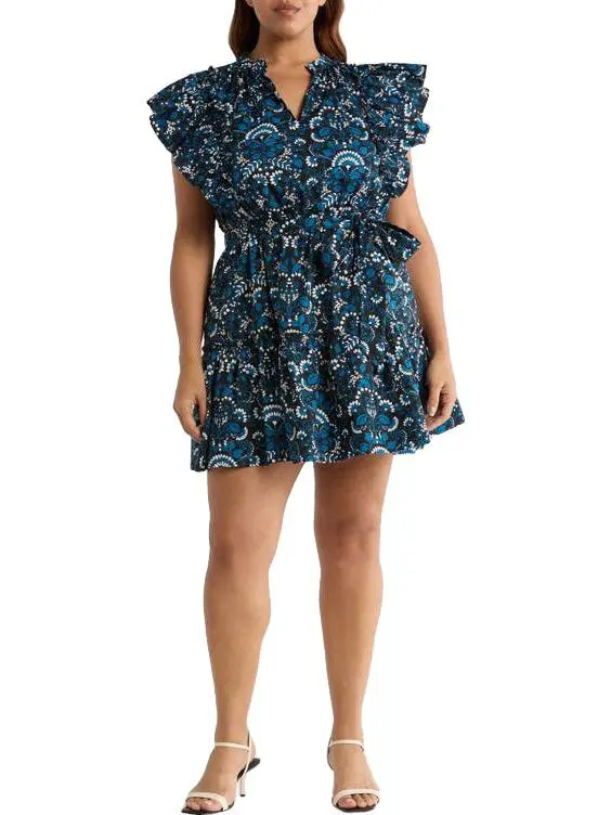 SUGARLIPS Etta Floral Ruffle Minidress - Teal-multi