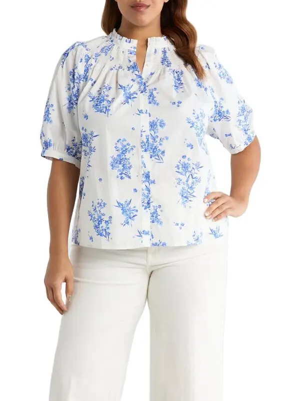 SUGARLIPS Bestia Floral Smocked Yoke Button-up Top - Cream-blue