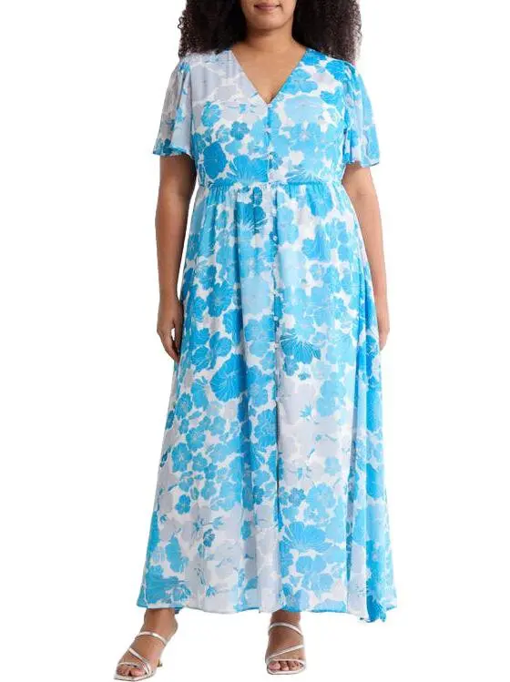 SUGARLIPS Kerela Floral Linen Button Maxi Dress - White-blue-combo