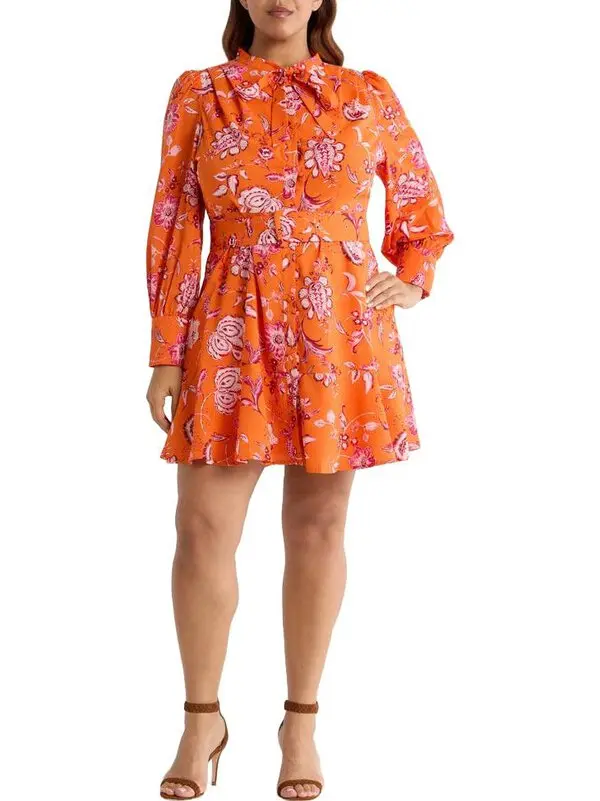 SUGARLIPS Cosmo Floral Long Sleeve Shirt Dress - Orange-multi
