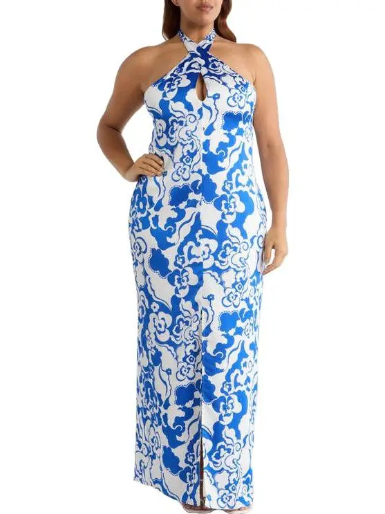 SUGARLIPS Helsinki Floral Tilda Satin Halter Maxi Dress - White-cobalt