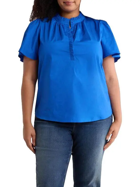 SUGARLIPS Ruffle Trim Cotton Poplin Shirt - Cobalt