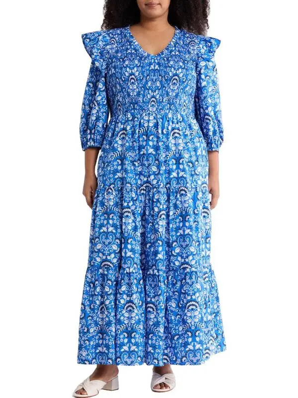 SUGARLIPS Lulu Floral Brighton Smocked Maxi Dress - Light-blue-white