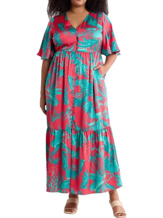 SUGARLIPS Palm Tropics Pismo Button Maxi Dress - Pink-green